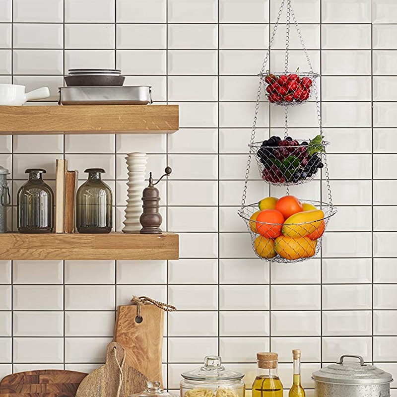 3 Tier Fruit Basket, Vegetable Kitchen Storage Basket Chain Hanging ...