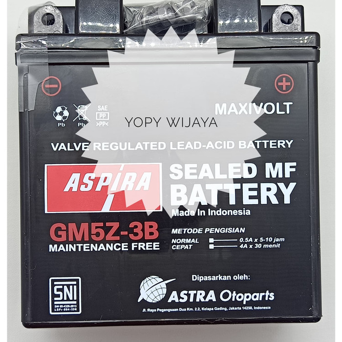 AKI ACCU BATERE BATERAI KERING GT6A ATAU GM5Z3B ASLI ASPIRA ASTRA 5Ah ...