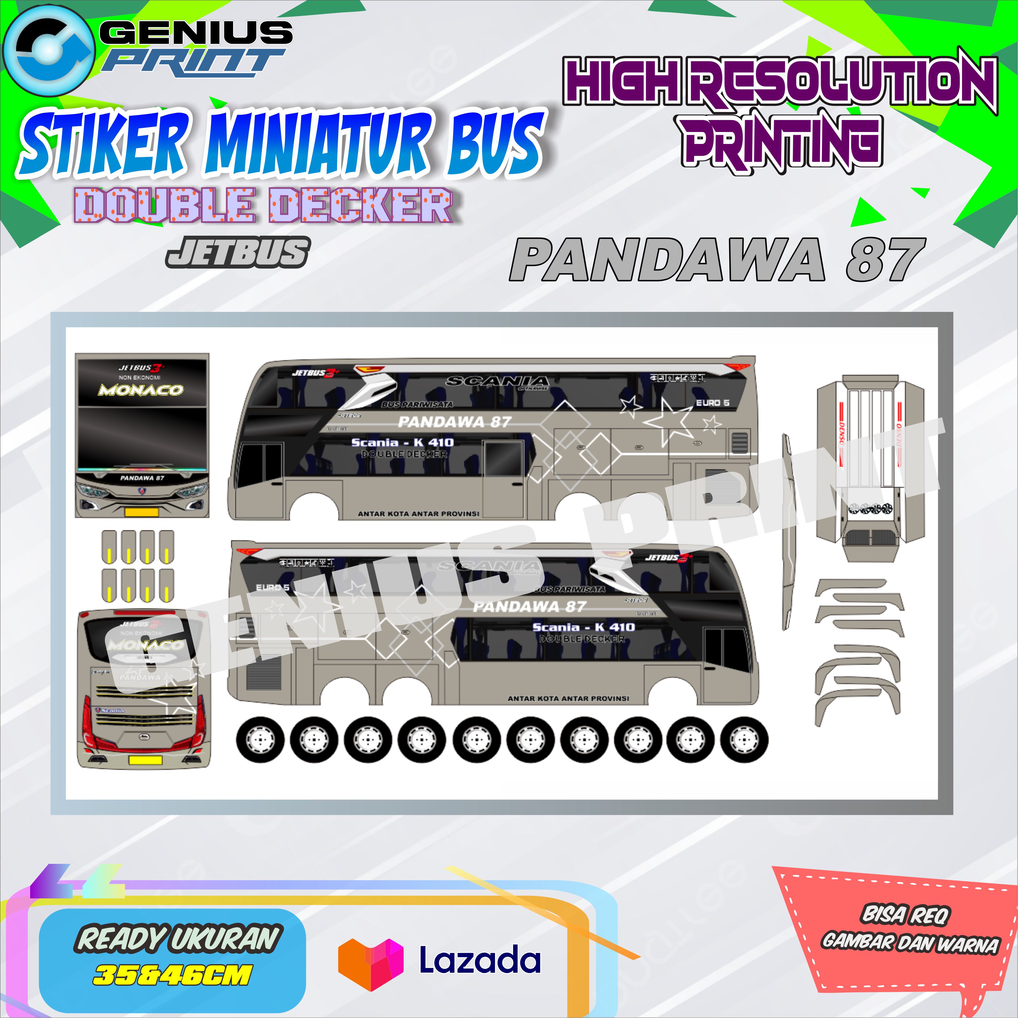 Stiker A3 Miniatur Bus Double Decker JB3 Livery Pandawa 87 Uk. 35&46cm ...