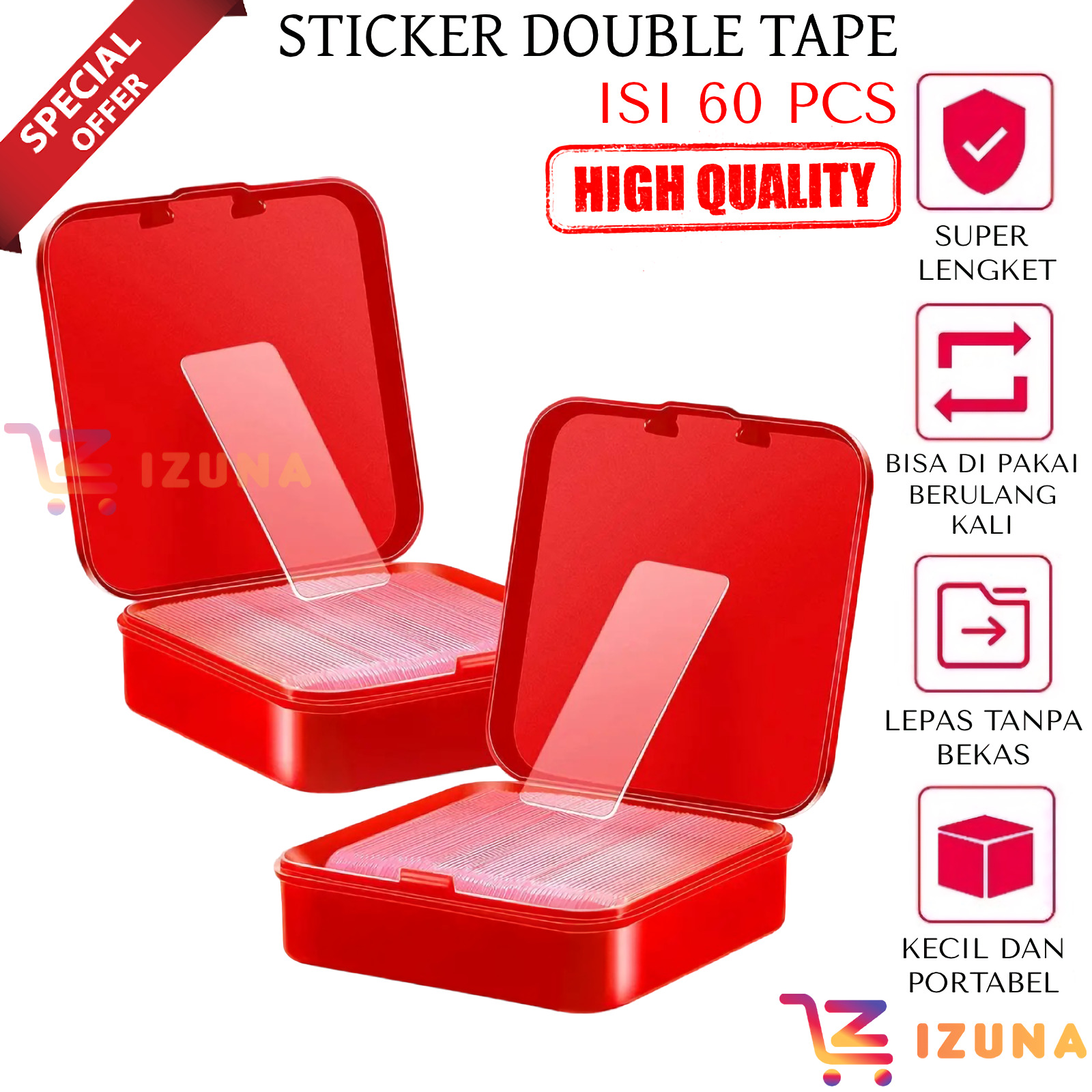 [IZUNA] STICKER DOUBLE TAPE ISI 60 PCS / TAPE PEREKAT 2 SISI TRANSPARAN BOX ISI 60 PCS / DOUBLE ...