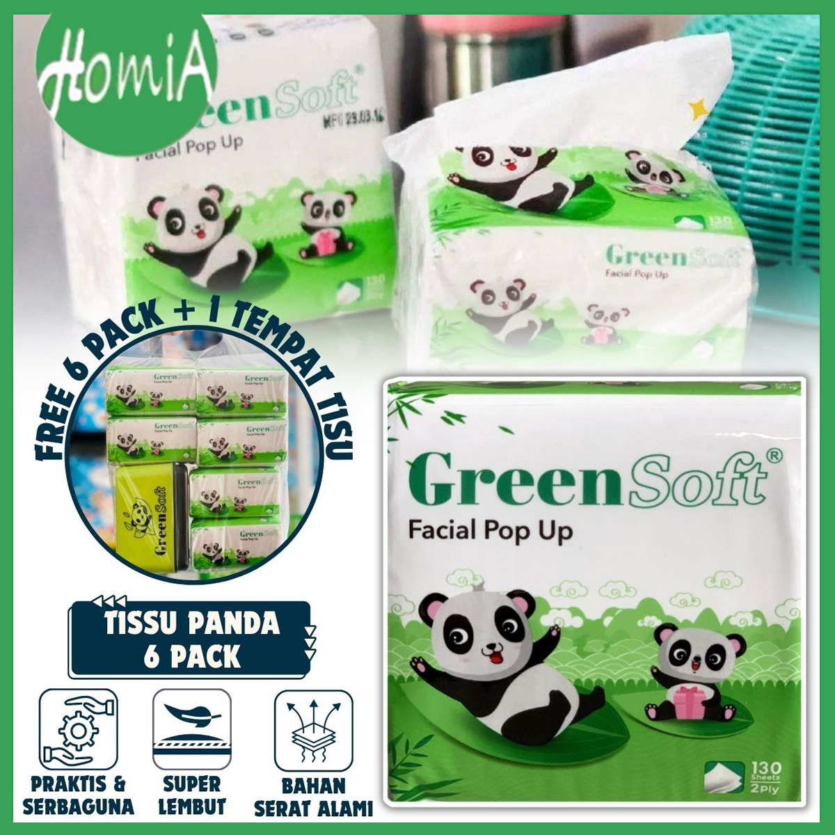 Tisu Greensoft Panda 6 Pack FREE Tempat Tissu 130 Sheets 2Ply / Lap ...
