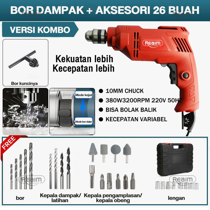 REAIM Bor dinding yang dapat dibor Bor 13mm set perkakas listrik Bor ...