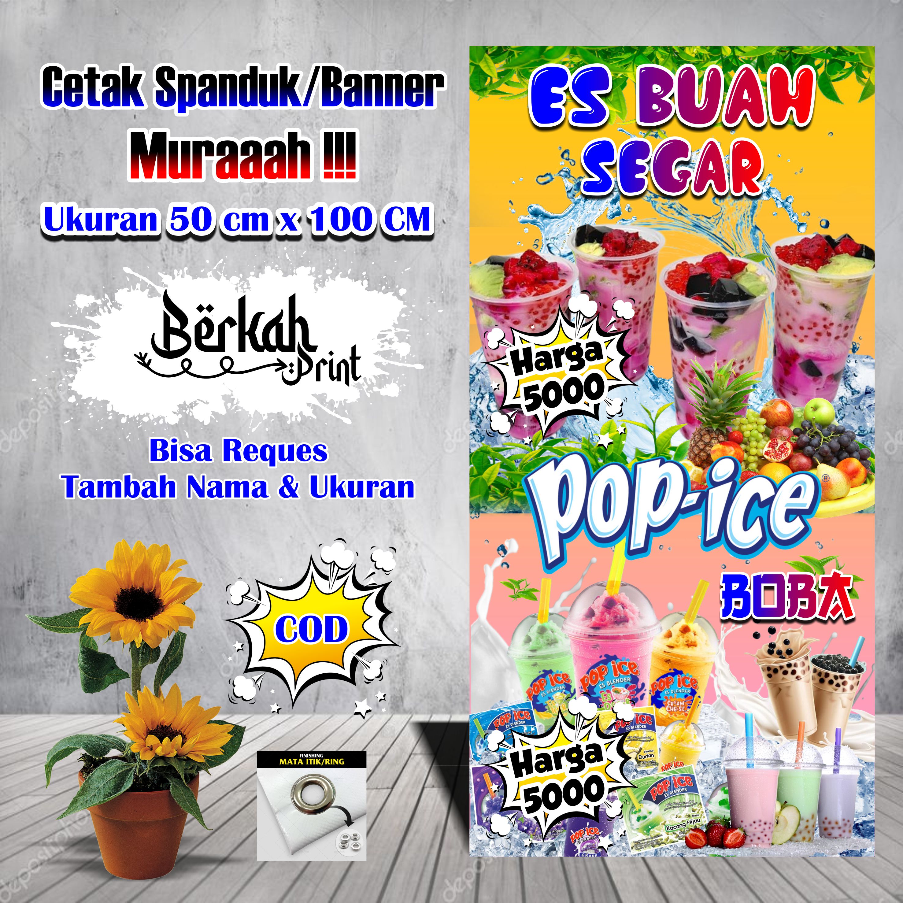 Spanduk Banner Es Buah Segar & Pop Ice Boba Ukuran 50 cm x 100 cm ...