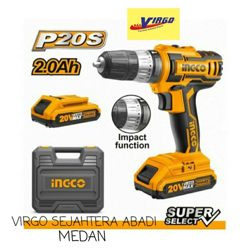 CIDLI200215 CORDLESS IMPACT DRILL BOR BATERAI BETON 10mm 20V SET INGCO ...