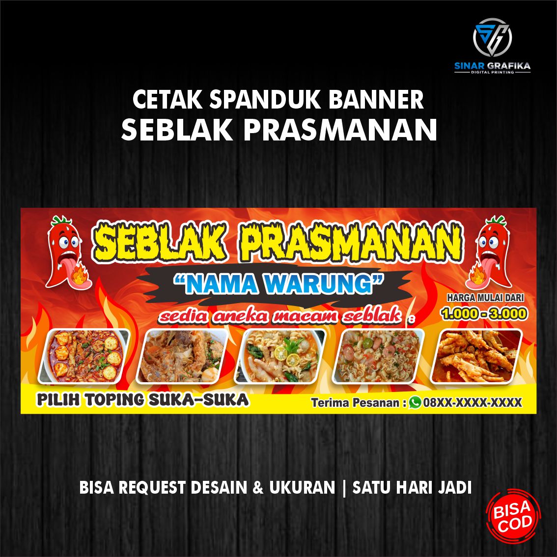 CETAK SPANDUK SEBLAK PRASMANAN VIRAL, BISA REQUEST DESAIN | FREE ...