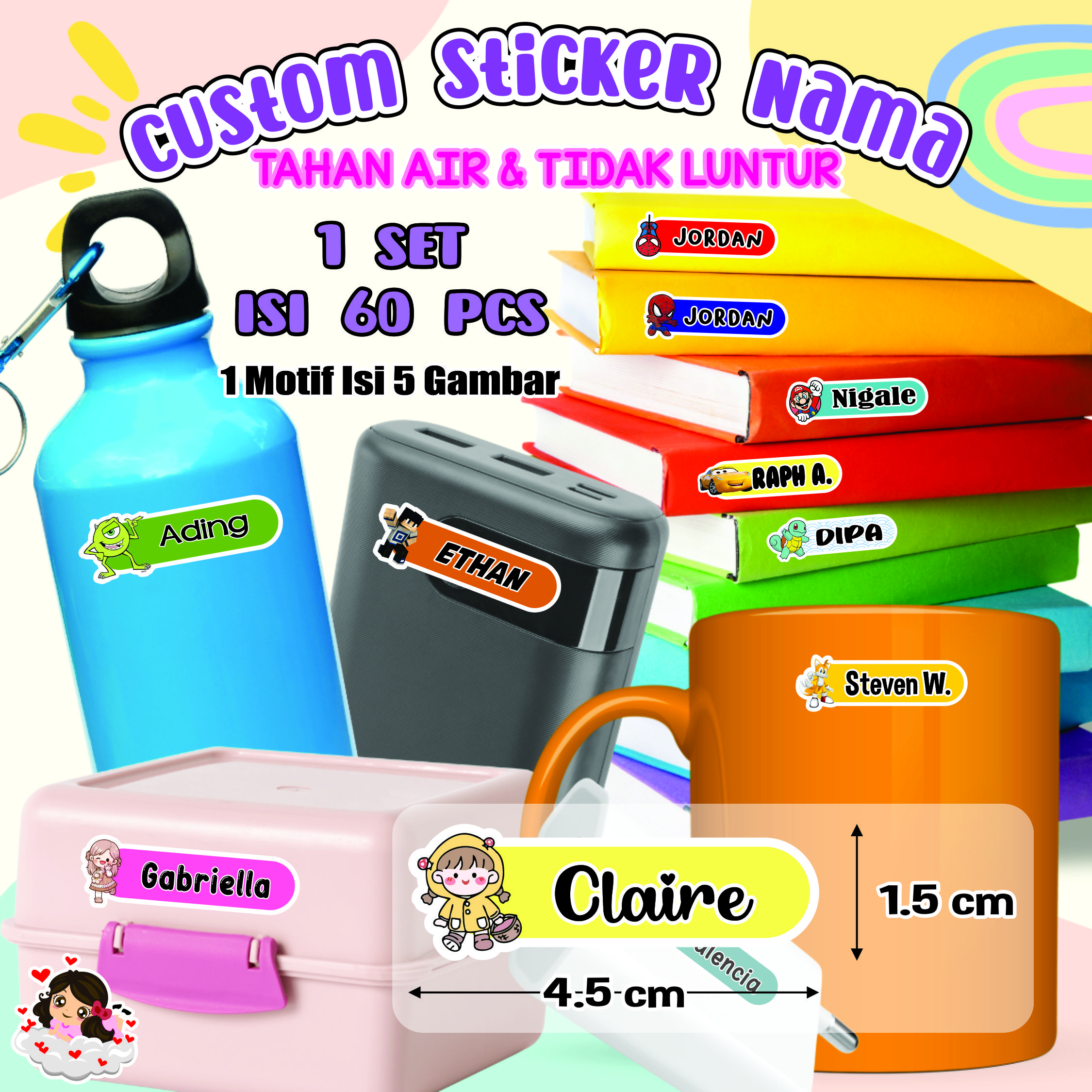 (isi 45 - 60 pcs) motif GIRL - Sticker Nama Label Custom Karakter ...