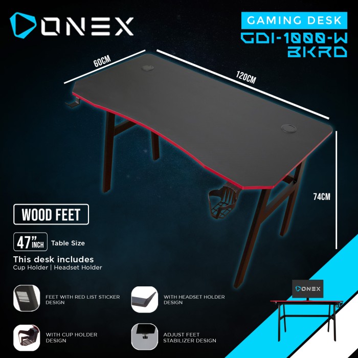 ONEX GDI-1000-W Gaming Desk 47" Wood Feet Cup Holder , Headset Holder ...