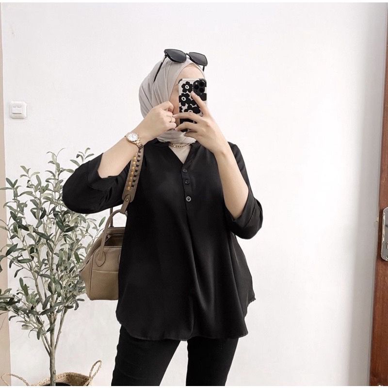 BLOUSE POLOS KATUN RAYON LD 120 WANITA KERAH SHANGHAI LENGAN 3/4 SIMA SHIRT JUMBO BIG SIZE OOTD ...