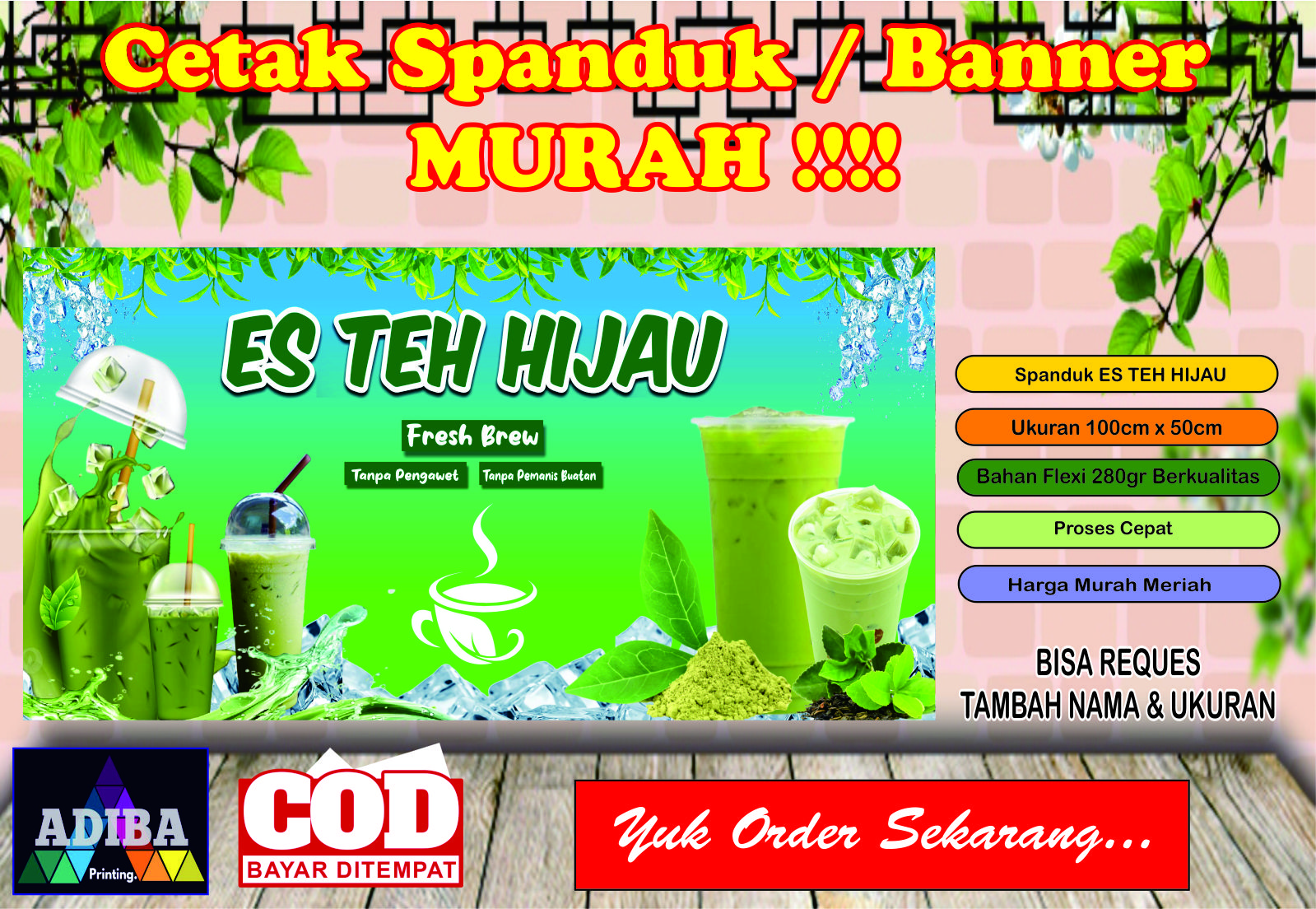 Spanduk Banner Es TEH HIJAU Ukuran 100 cm x 50 cm | Lazada Indonesia