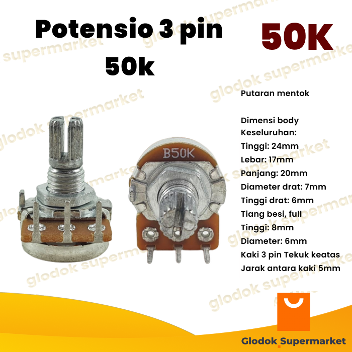 Potensio 3 pin 50k Mono Kaki 3 Tekuk keatas Drat Potensiometer 503 ...