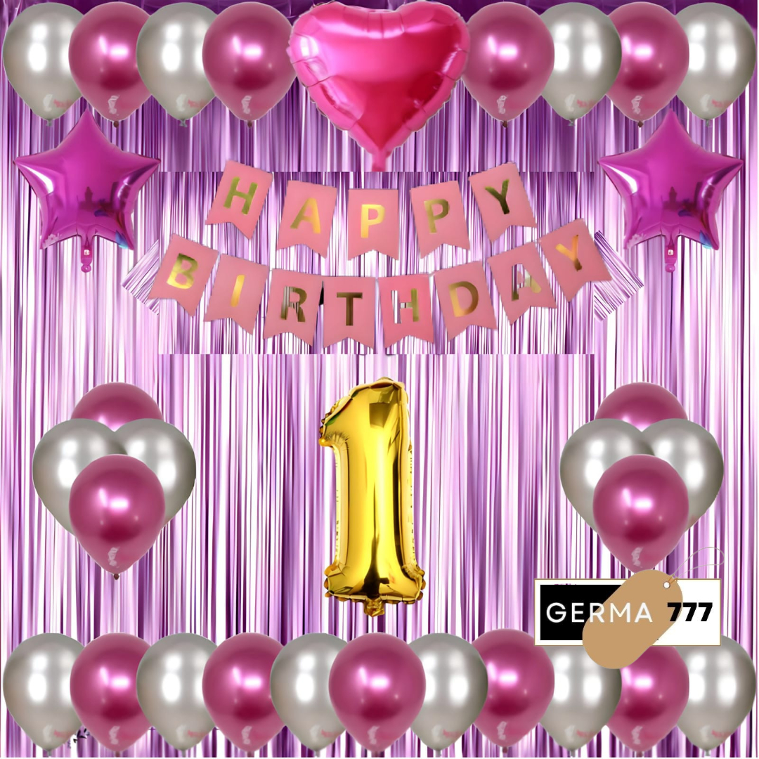 Set Dekor Ulang Tahun Anak Balon Mix Tirai Pink Banner Pink Happy ...