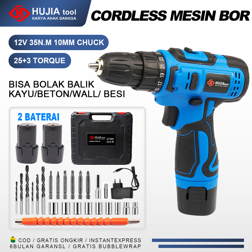 HUJIA 12v Mesin Bor Listrik Bor Cordless Folding Mesin Bor Obeng Baterai Li-Ion Electric Led ...