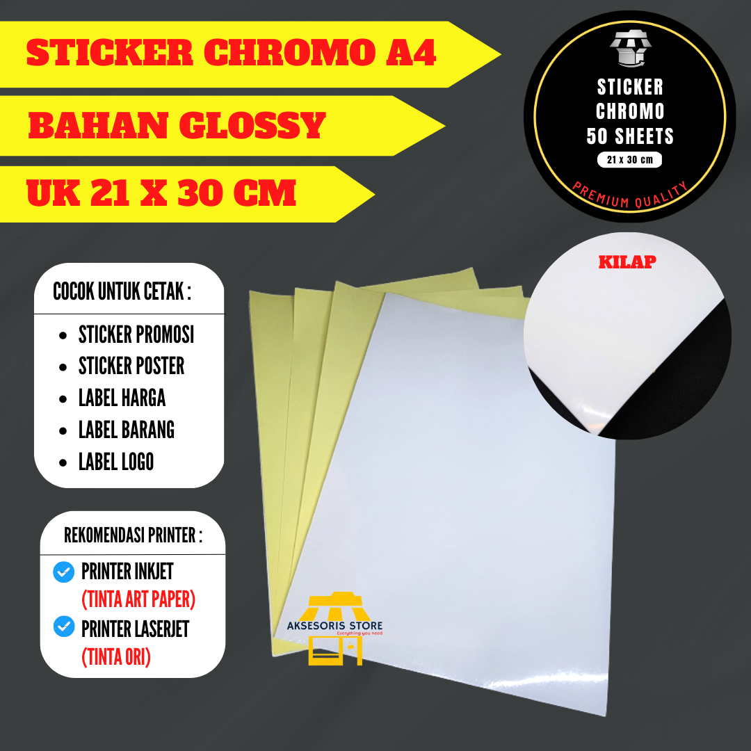 STICKER CHROMO A4 ISI 50 LEMBAR / KERTAS STIKER GLOSSY MENGKILAP A4 ...