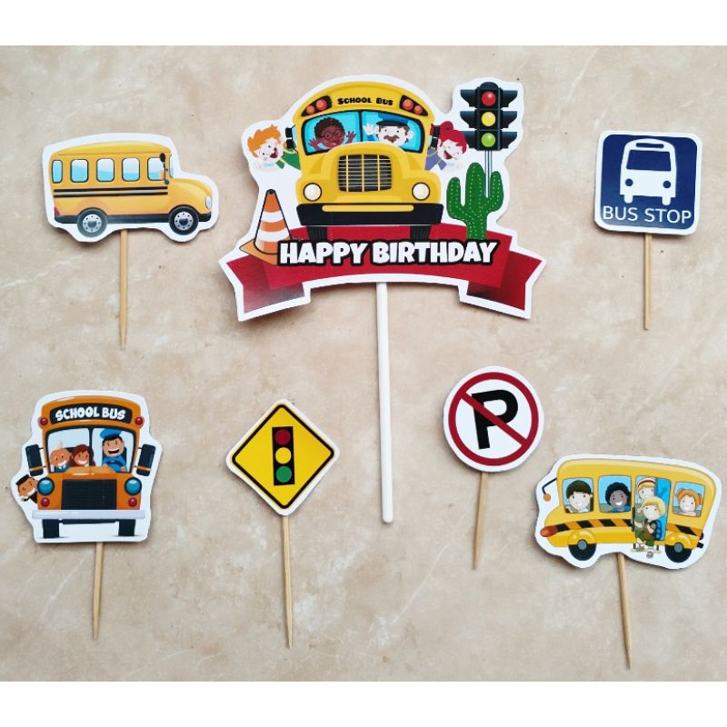 hiasan kue ulang tahun cake topper tema bus sekolah / school bus ...