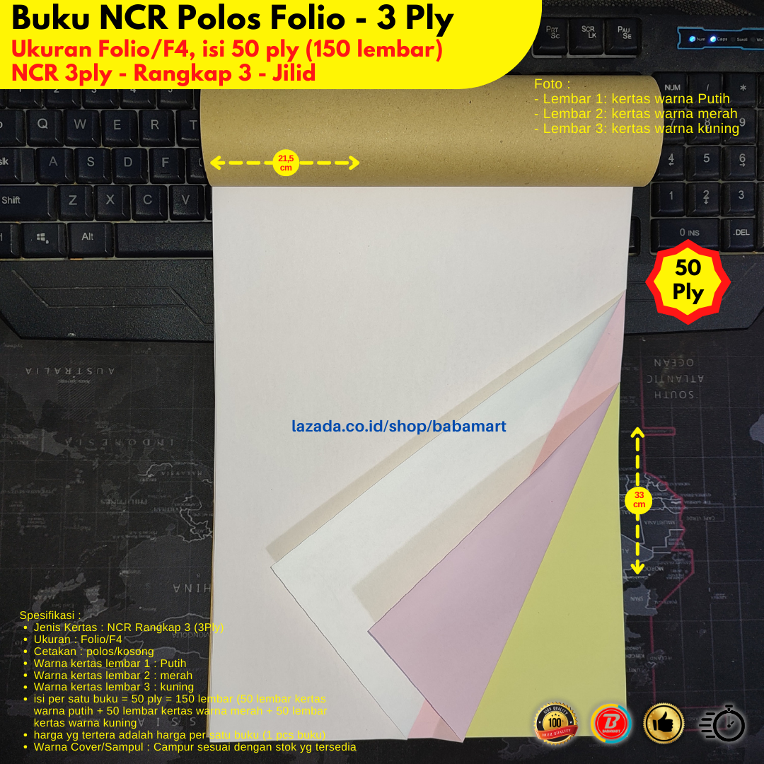 BUKU NCR POLOS KOSONG RANGKAP 3 PLY UKURAN F4 FOLIO PUTIH MERAH KUNING ...