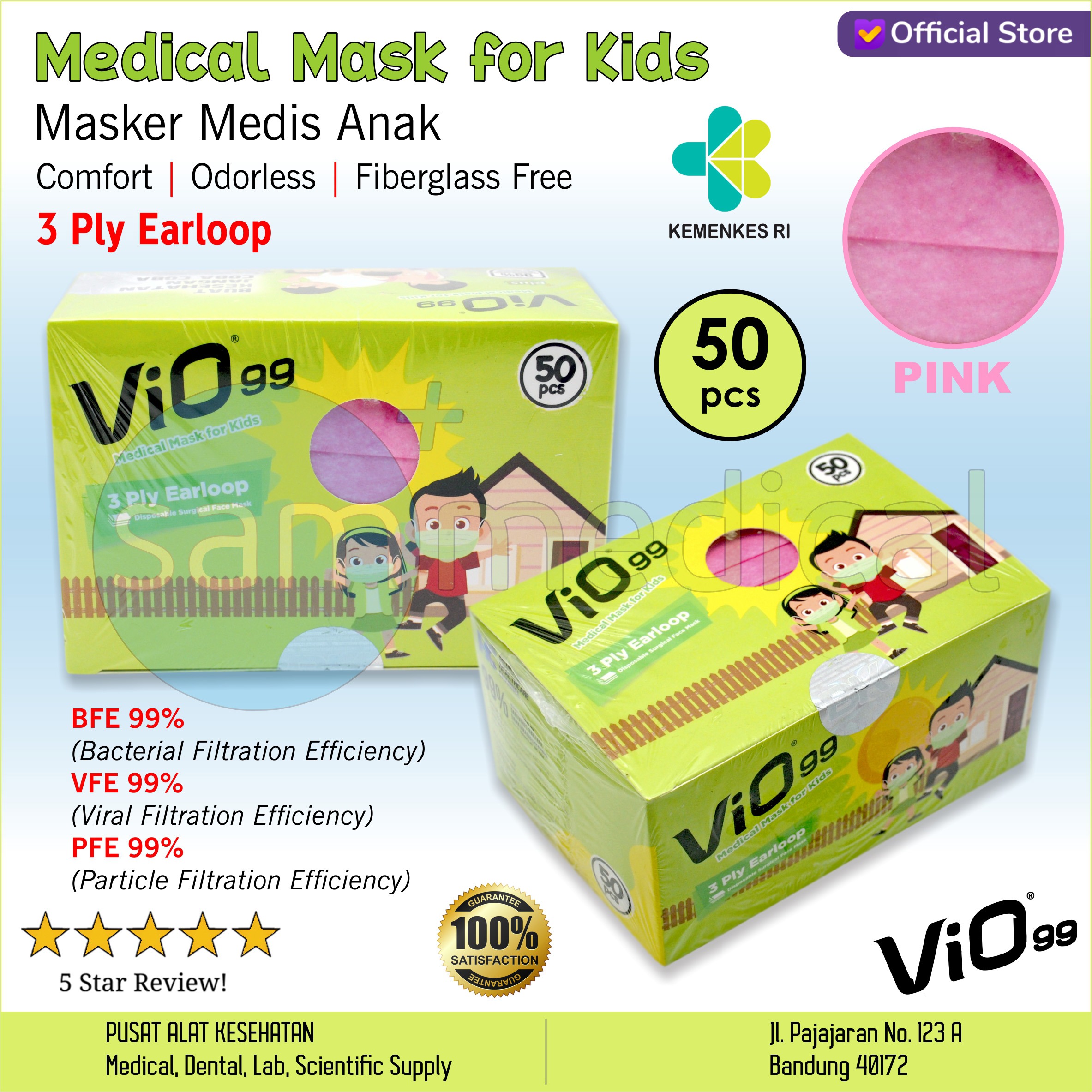 VIO 99 Masker Earloop Anak 3ply Pink - Masker Medis Anak Isi 50pcs ...