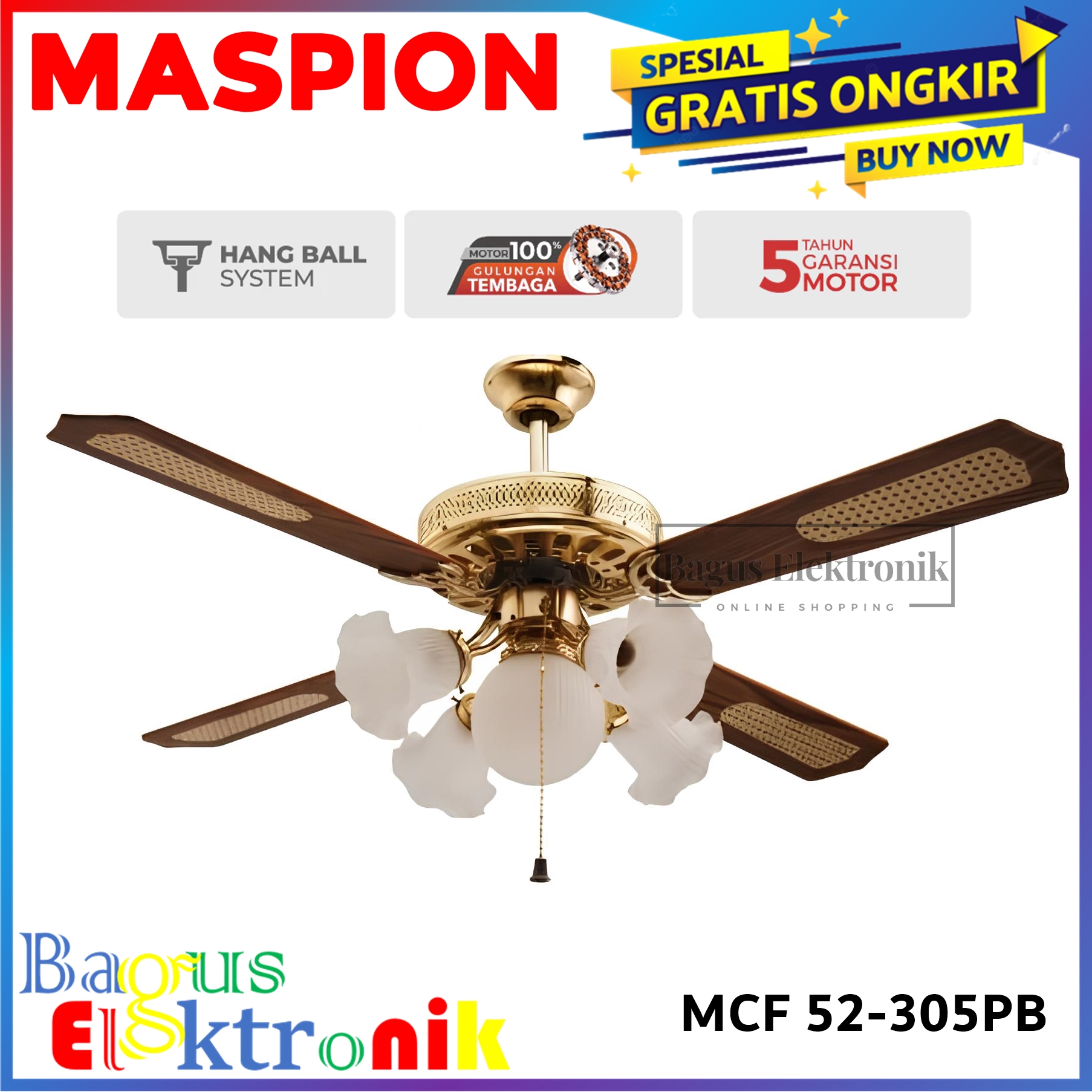 Maspion Ceiling Fan 5 Lampu 52 Inch MCF 52 - 305PB Ceiling Fan Uchida ...
