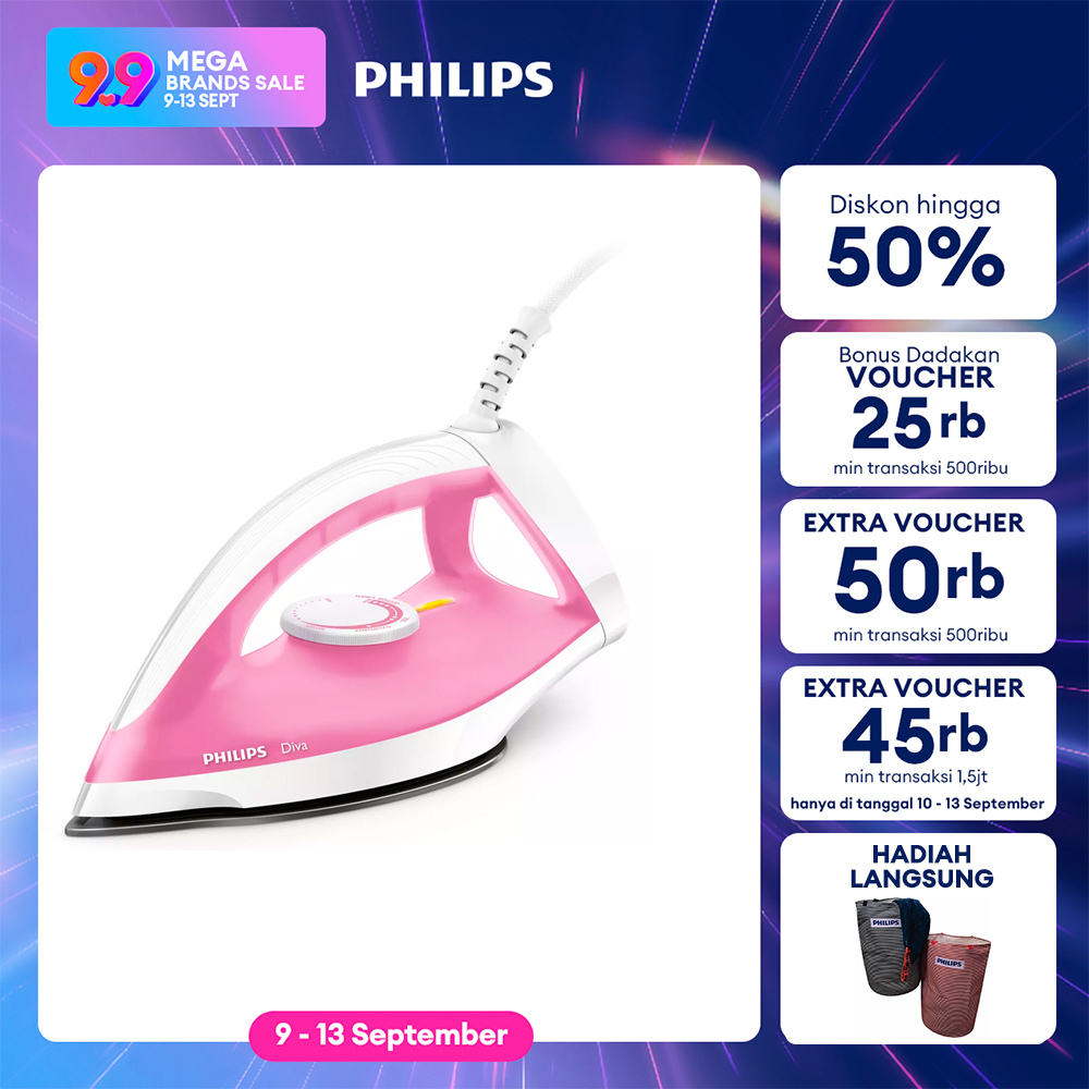 Philips Setrika Kering Diva GC122/47 - Pink, Tapak Non-Stick, Ujung runcing dengan alur kancing ...