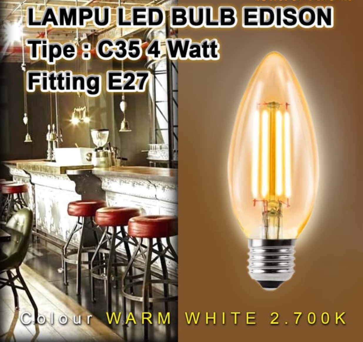 Lampu Led Filament Candle 4w 4watt E27 Lampu Edison Fitting E27 Bohlam ...