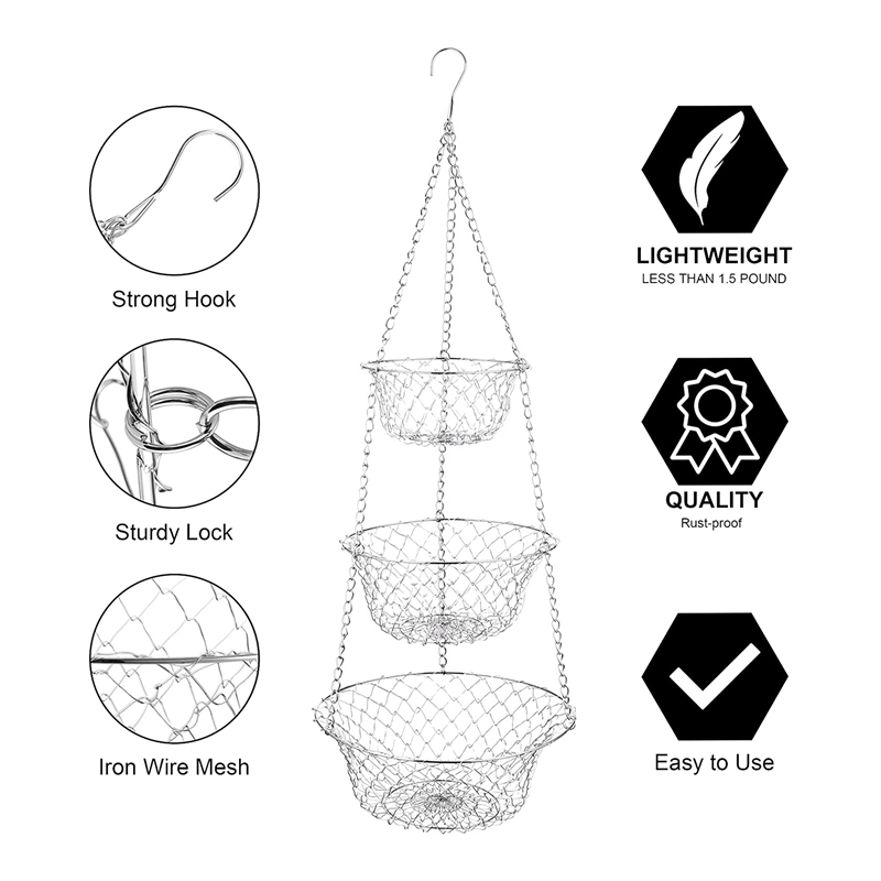 3 Tier Fruit Basket, Vegetable Kitchen Storage Basket Chain Hanging ...