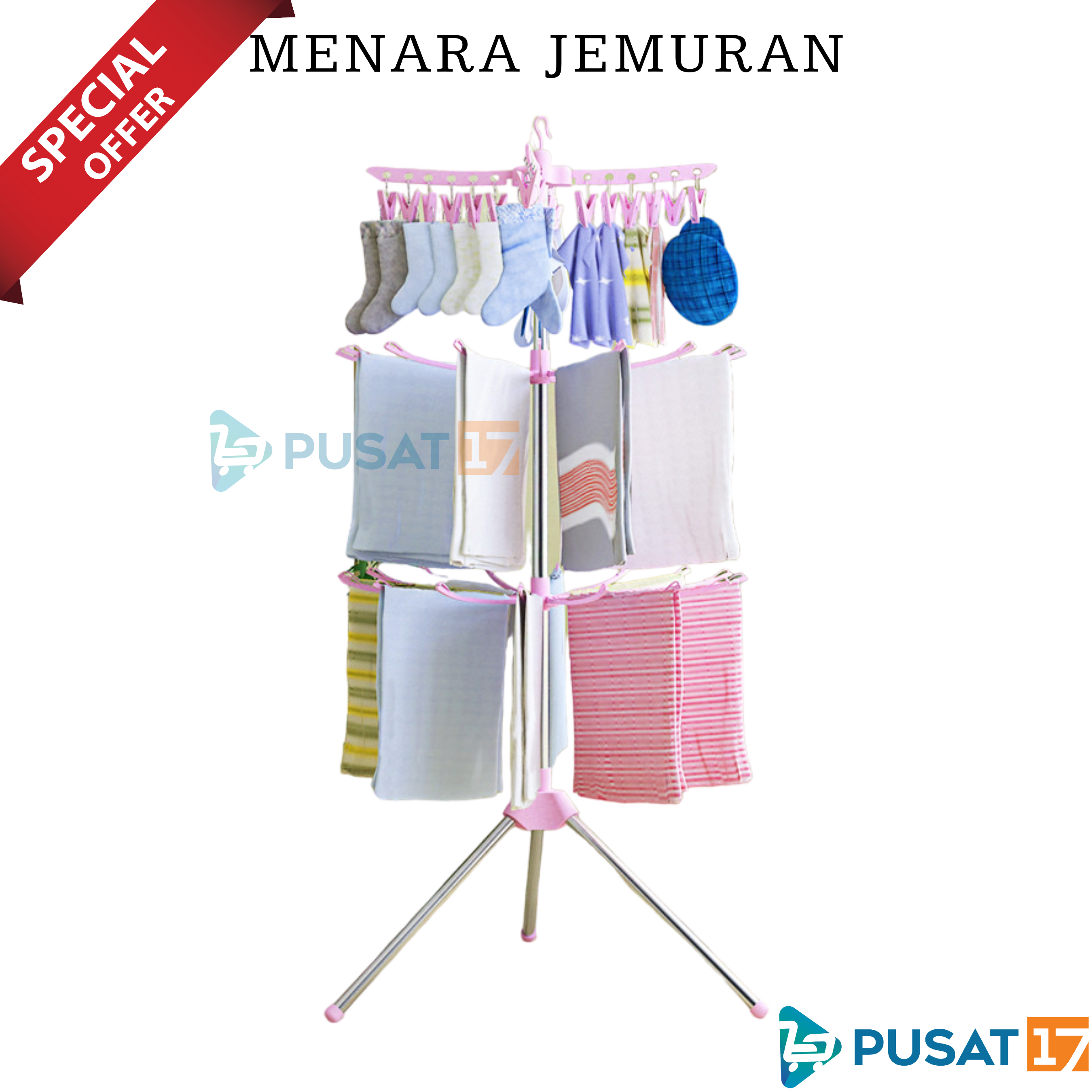 PUSAT17 MENARA JEMURAN BAJU BAYI 3 TINGKAT STAINLESS RAK JEMURAN BAJU ...