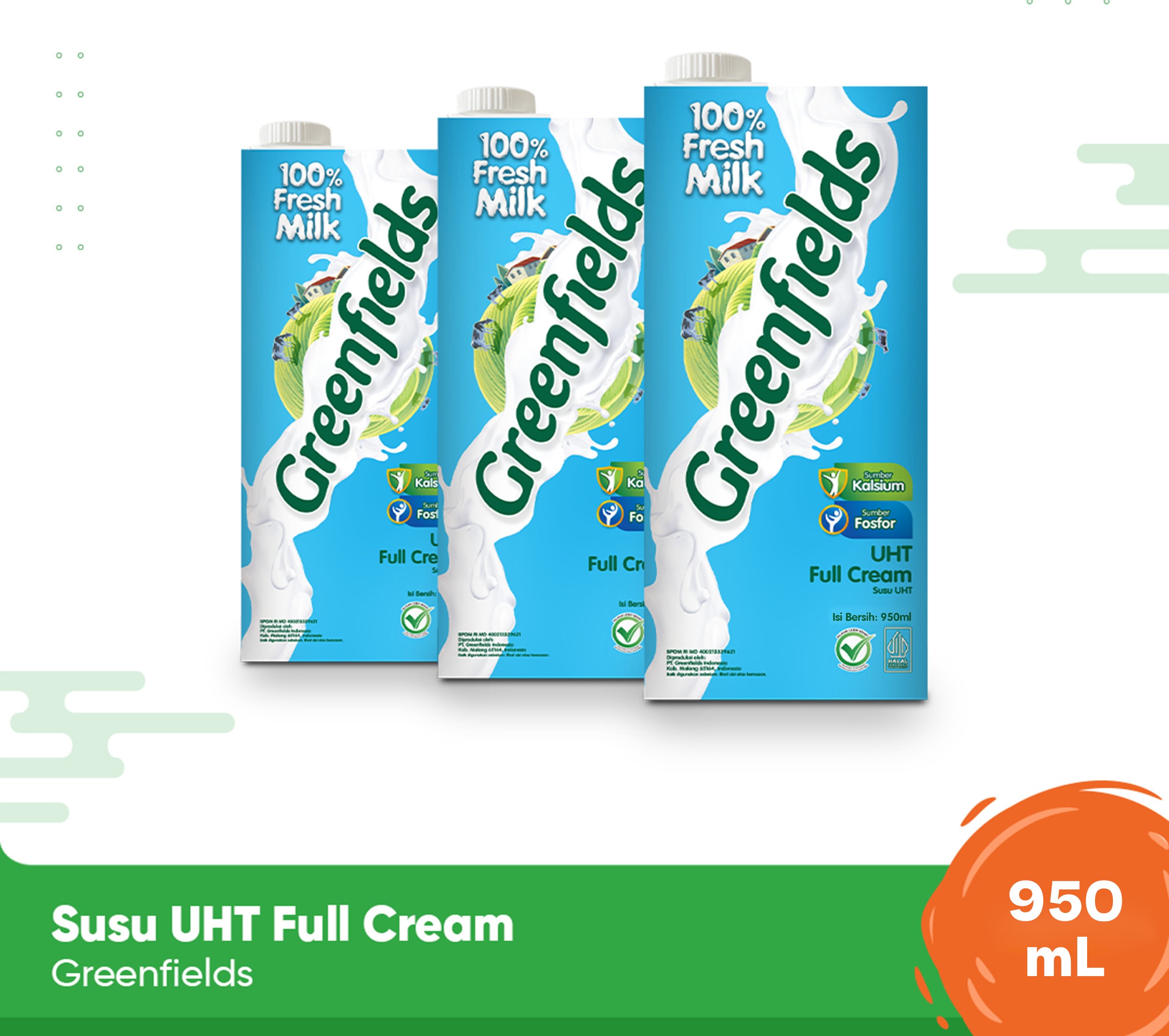 [Paket isi 3] Greenfields Milk UHT Full Cream 950 ml | Lazada Indonesia