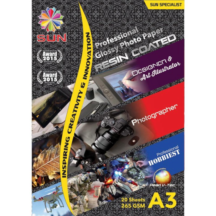 Kertas Foto - SUN Professional Glossy Photo Paper 265 GSM A3 Resin ...