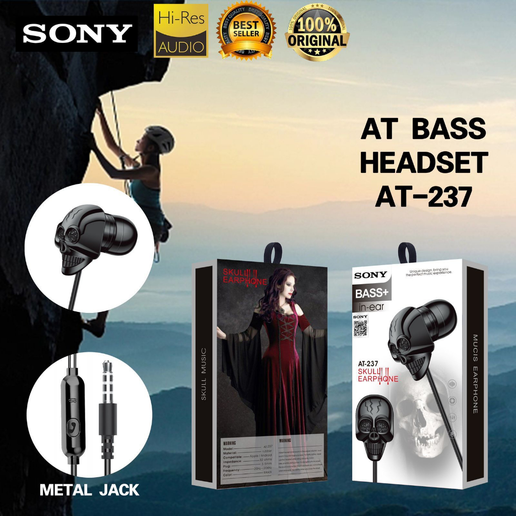 Handsfree Headset Sony Murah AT-237 Skull Edition + Mic Full Bass ...