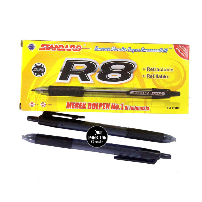 Standard R8 Per Pak isi 5 Ballpoint Tinta Hitam Pulpen Retractable ...