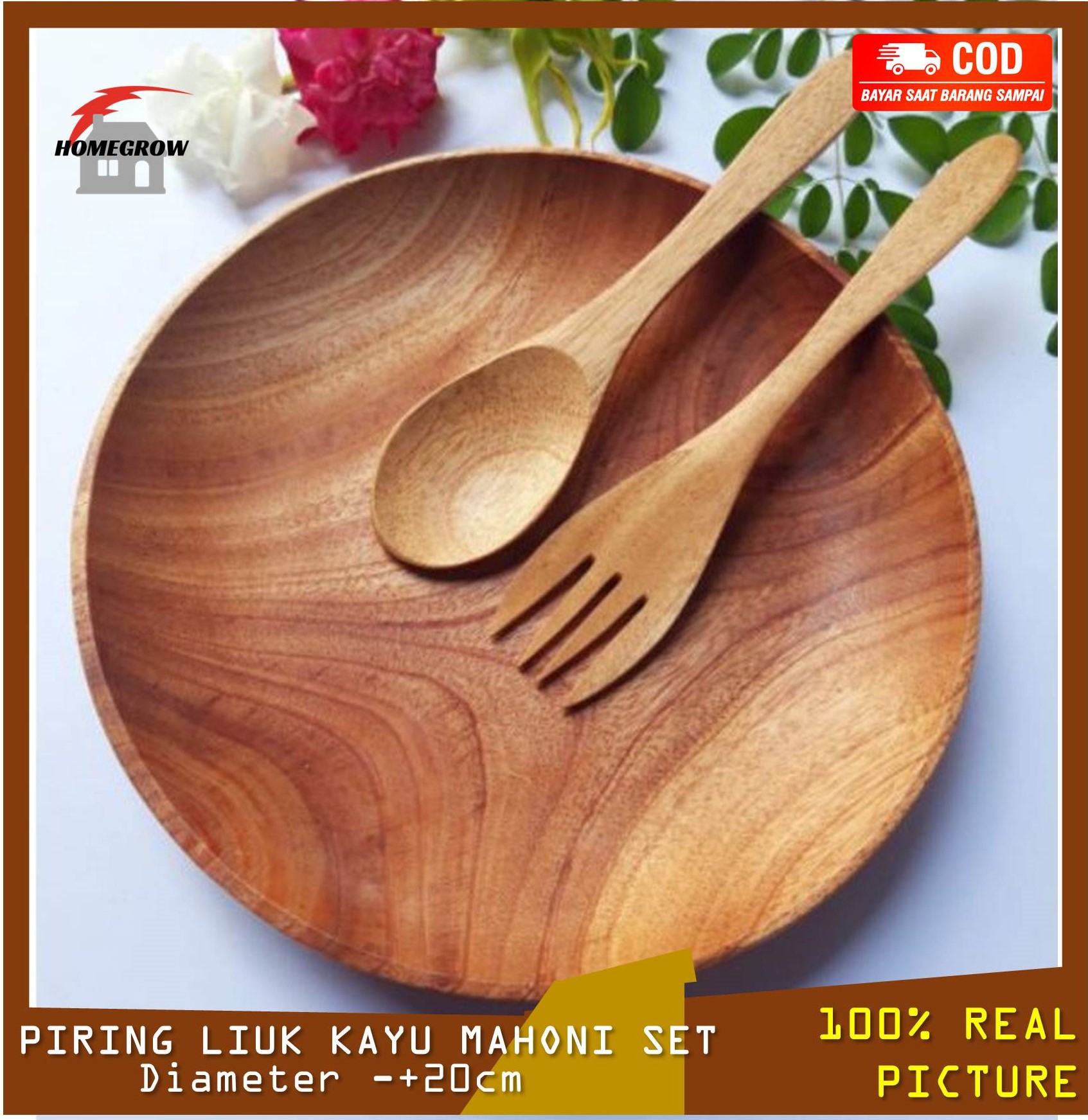 PIRING SAJI SET KAYU MAHONI ALAMI PLUS SENDOK DAN GARPU, PIRING LIUK ...