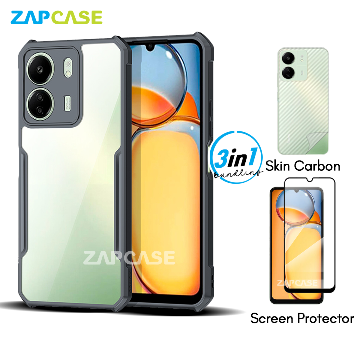 3in1 Case Xiaomi Redmi 13C Armor Fushion Casing Free Tempered Glass Dan ...