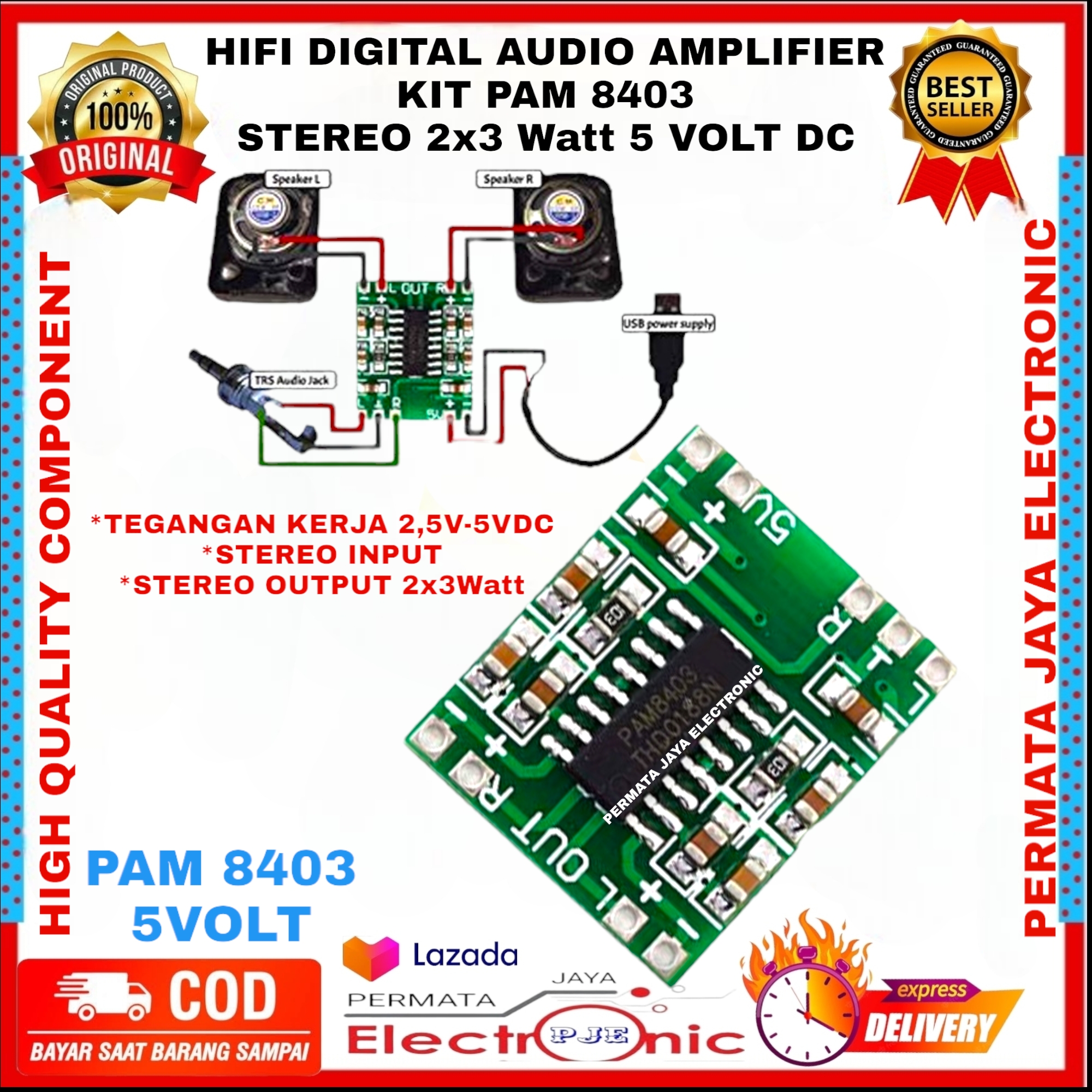 PAM8403 PAM 8403 SUPER MINI KIT CLAS D 3W STEREO DIGITAL HiFI AMPLIFIER ...