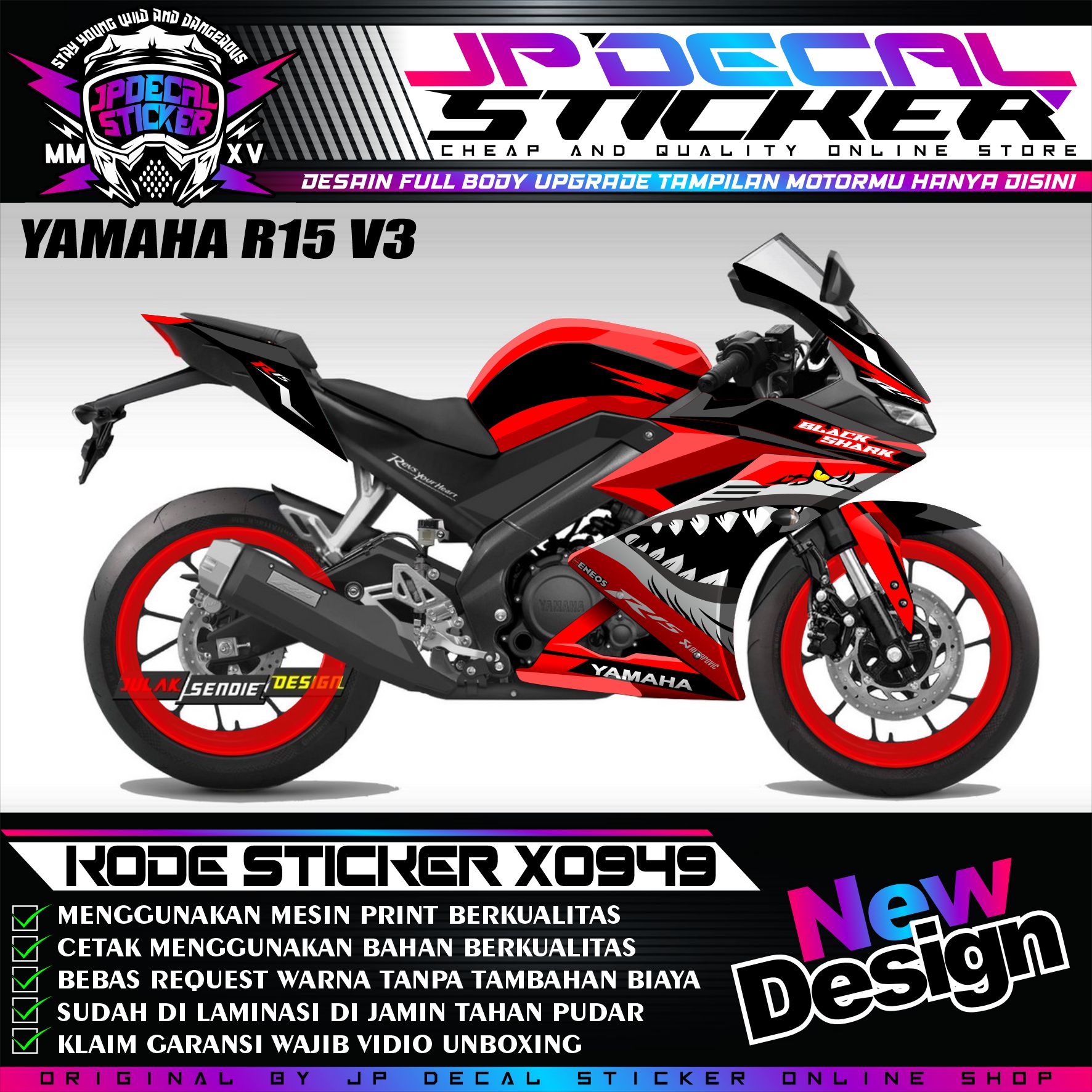 DECAL YAMAHA R15 V3 SHARK ATCK FULL BODY SUDAH LAMINASI PREMIUM DECAL ...