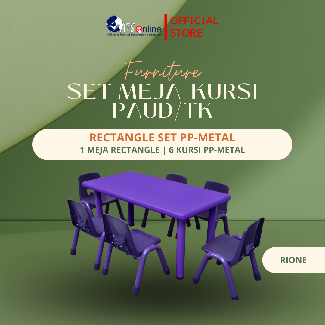 RIONE Paket Meja-Kursi Paud/TK (1 Meja Rectangle + 6 Kursi PP-Metal) / Meja Kursi Belajar Anak ...