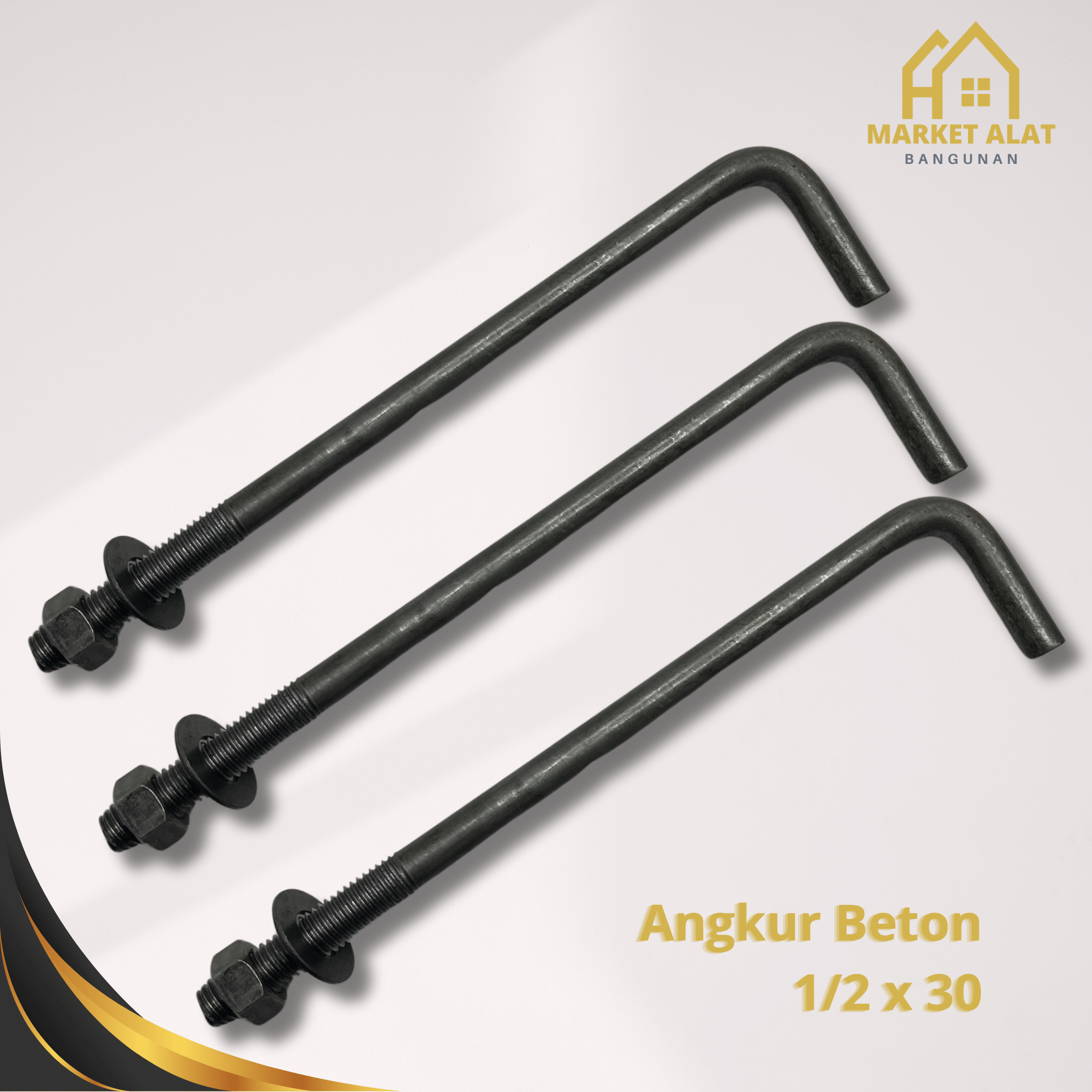 Baut Angkur L Hitam 1/2" x 30 cm (12 mm x 30 cm) + Mur + Ring / Baut Mur Besi Hitam Baja 12 Inci ...