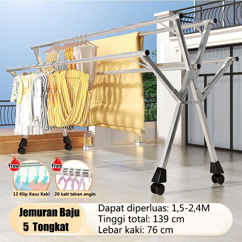 LG Jemuran Baju Lipat 5 Tiang Dengan Roda Jemuran Baju Lipat Stainless ...