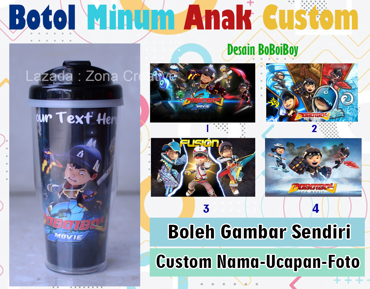 Botol Minum Anak Karakter BoBoiBoy Bisa Tambah Tulisan Custom Nama dan ...