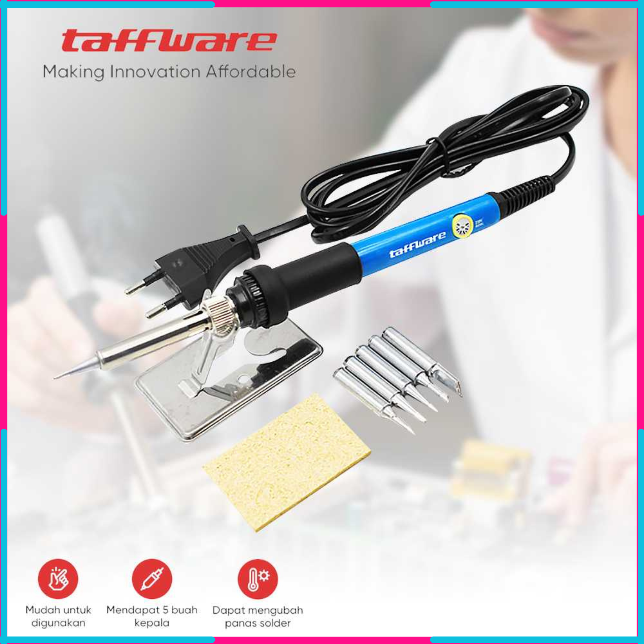 Taffware Solder Iron Adjustable Temperature 60W with 5 Tips / solder listrik 1 set dan timah ...