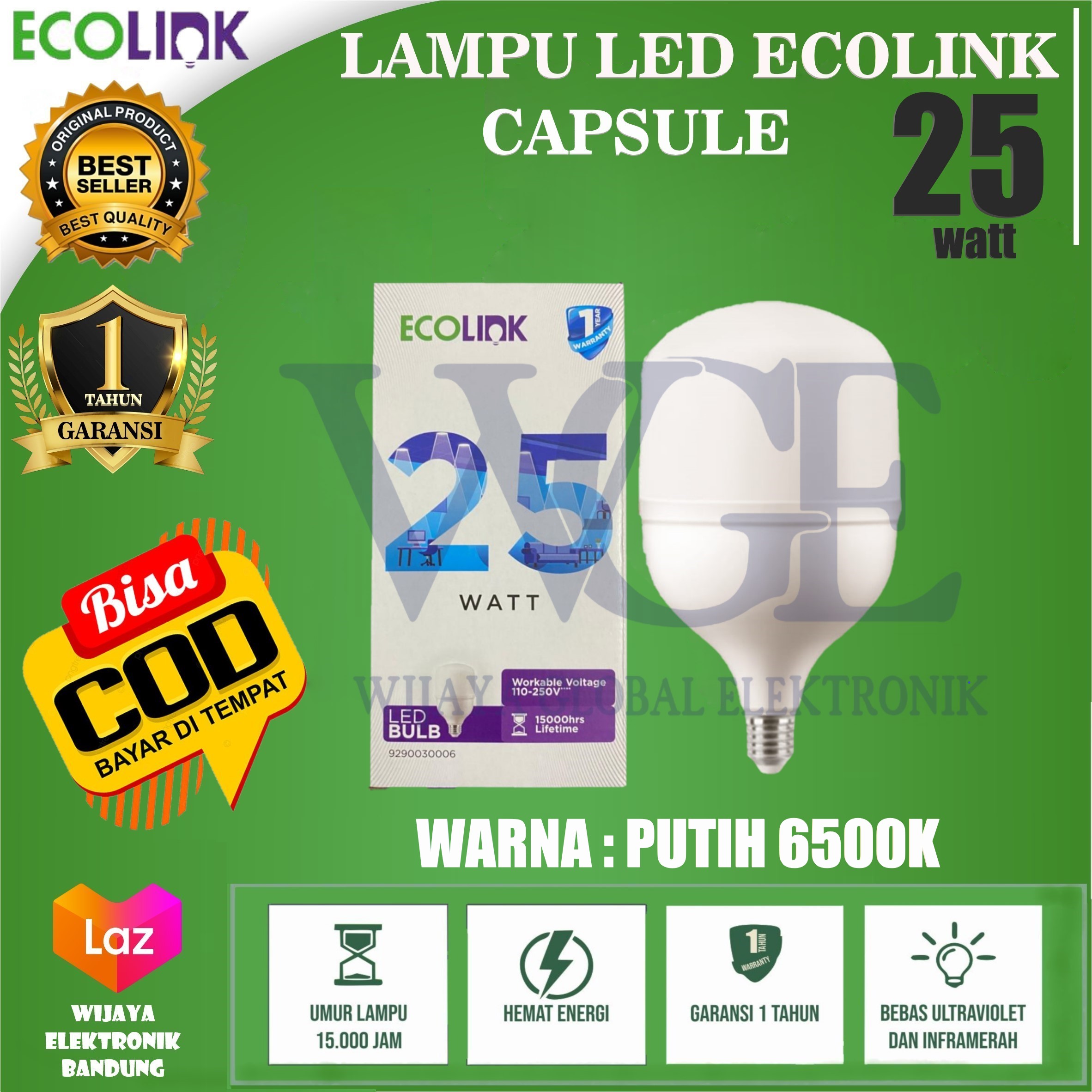 Lampu LED Ecolink Capsule Kapsul Bohlam Bulb 25 watt 25watt 25w w Putih ...