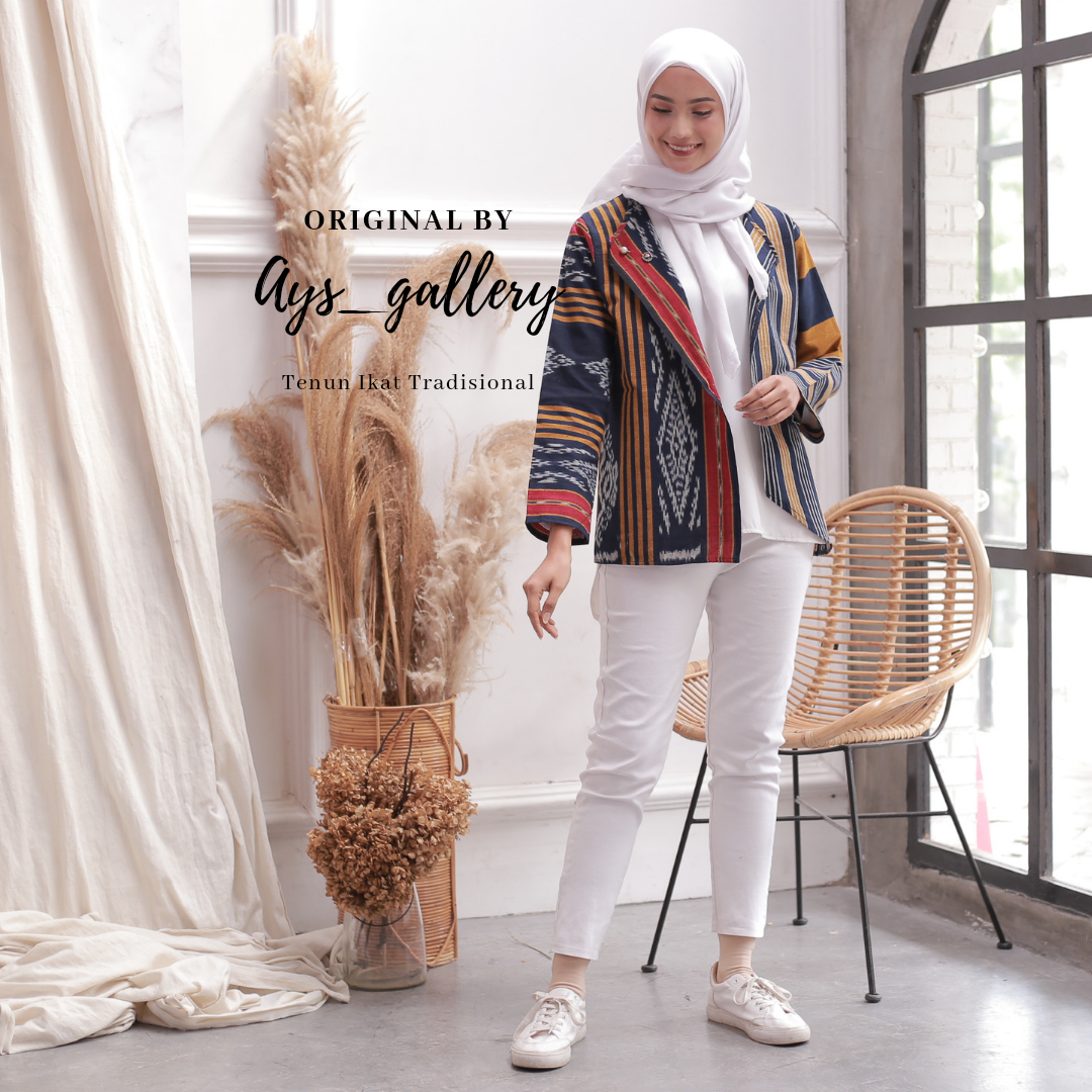OUTER TENUN IKAT TRADISIONAL MURAH SERI STRIP CURV NAVY SERAGAM KANTOR ...