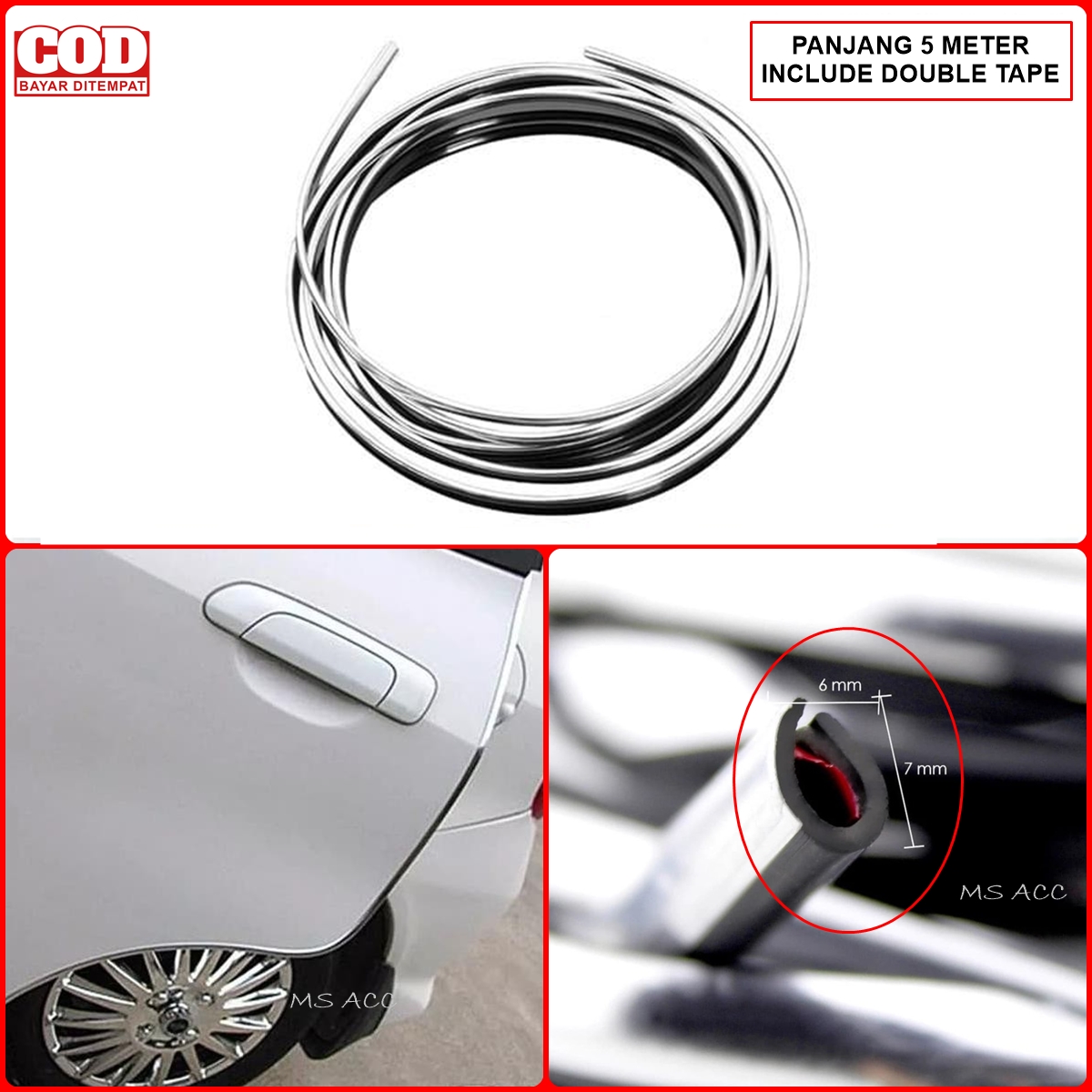 List Pengaman Pintu Mobil Warna CHROME Panjang 5 Meter Bahan Tebal Lis ...