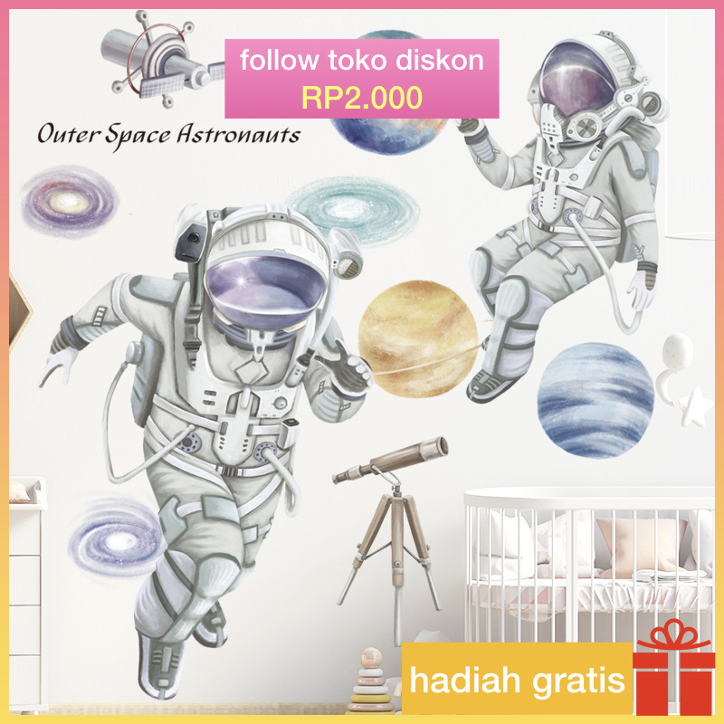 stiker dinding motif space astronot bawa balon, pesawat, pesawat kecil ...
