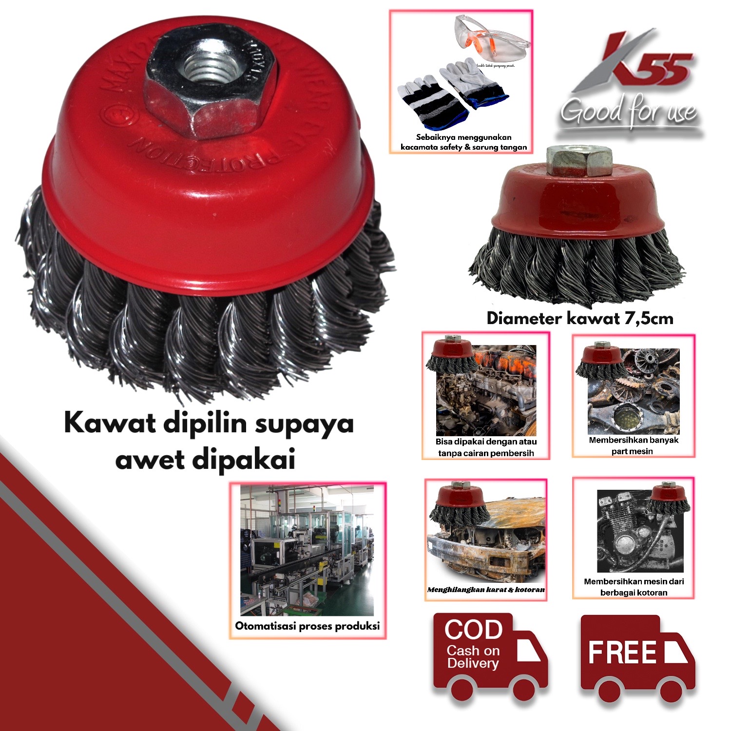 K55 Sikat Mangkok Pilin 3inch - Sikat Kawat Gerinda Besi Stainless ...