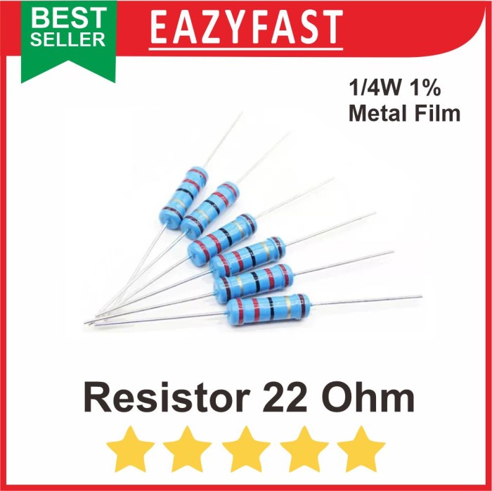 Resistor R 22 R22 Ohm 1/4W 1/4 Watt Metal Film Biru DIP Toleransi 1% ...