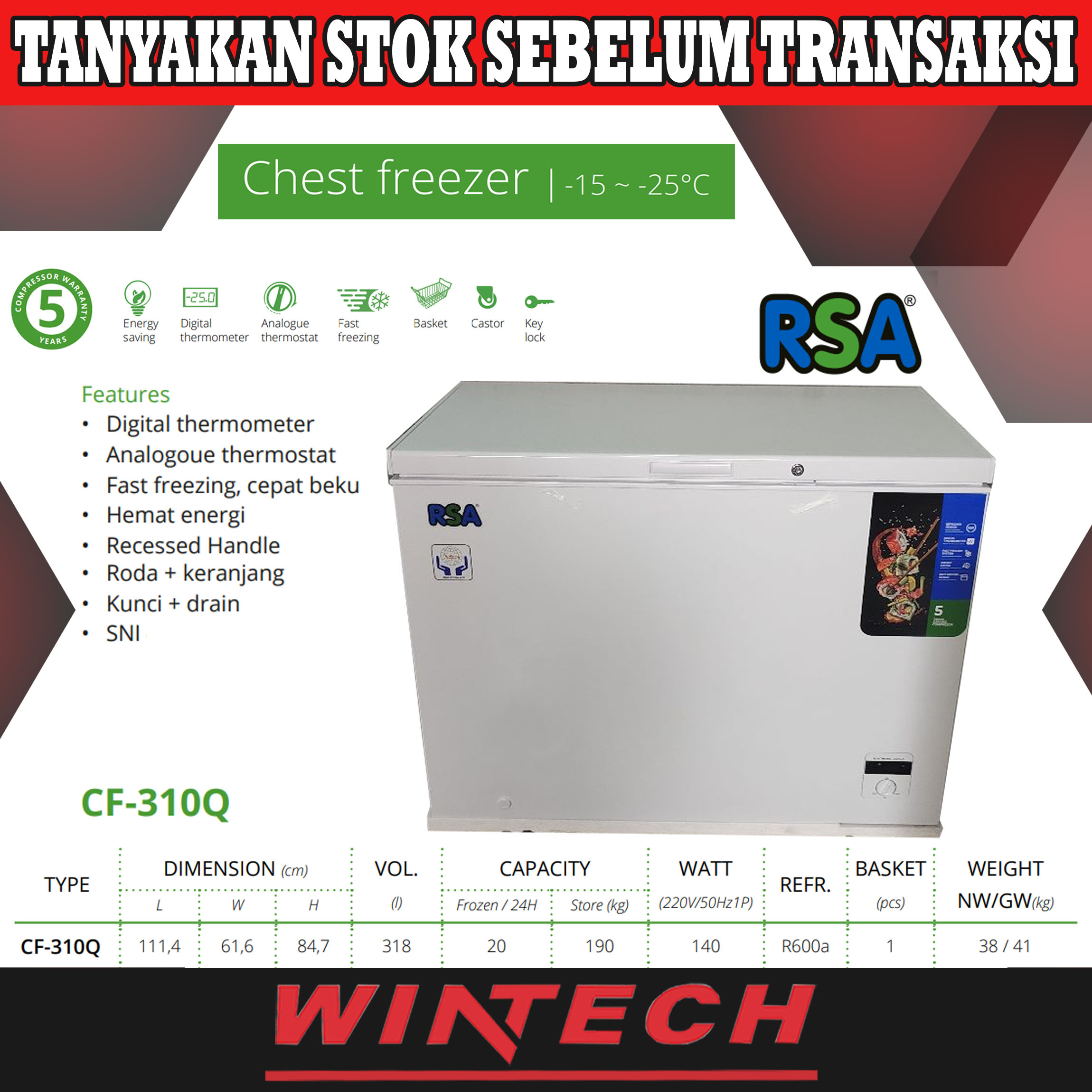 RSA CF-310Q CF310Q CF 310Q Chest Freezer - Box Pendingin - Lemari ...