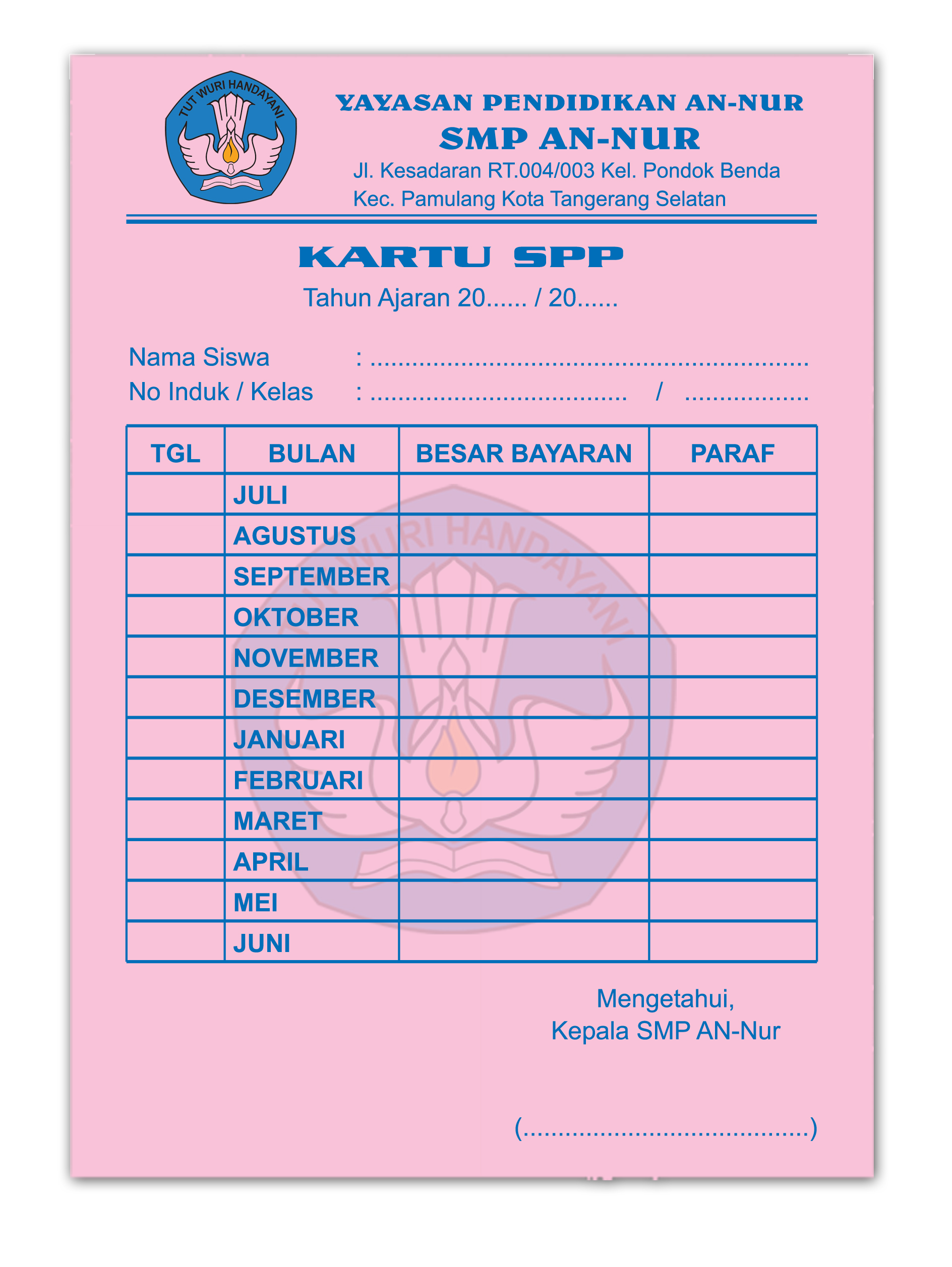 KARTU SPP, KARTU BAYARAN SEKOLAH SD, SMP, SMA, MI, MTs (ISI 100 LEMBAR ...