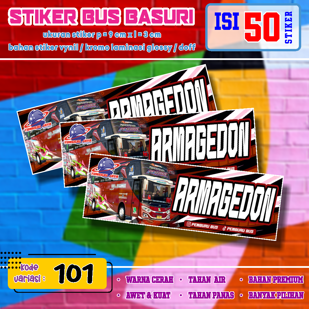 stiker bus basuri ARMAGEDON panjang [101] isi 50 pcs warna cerah awet ...
