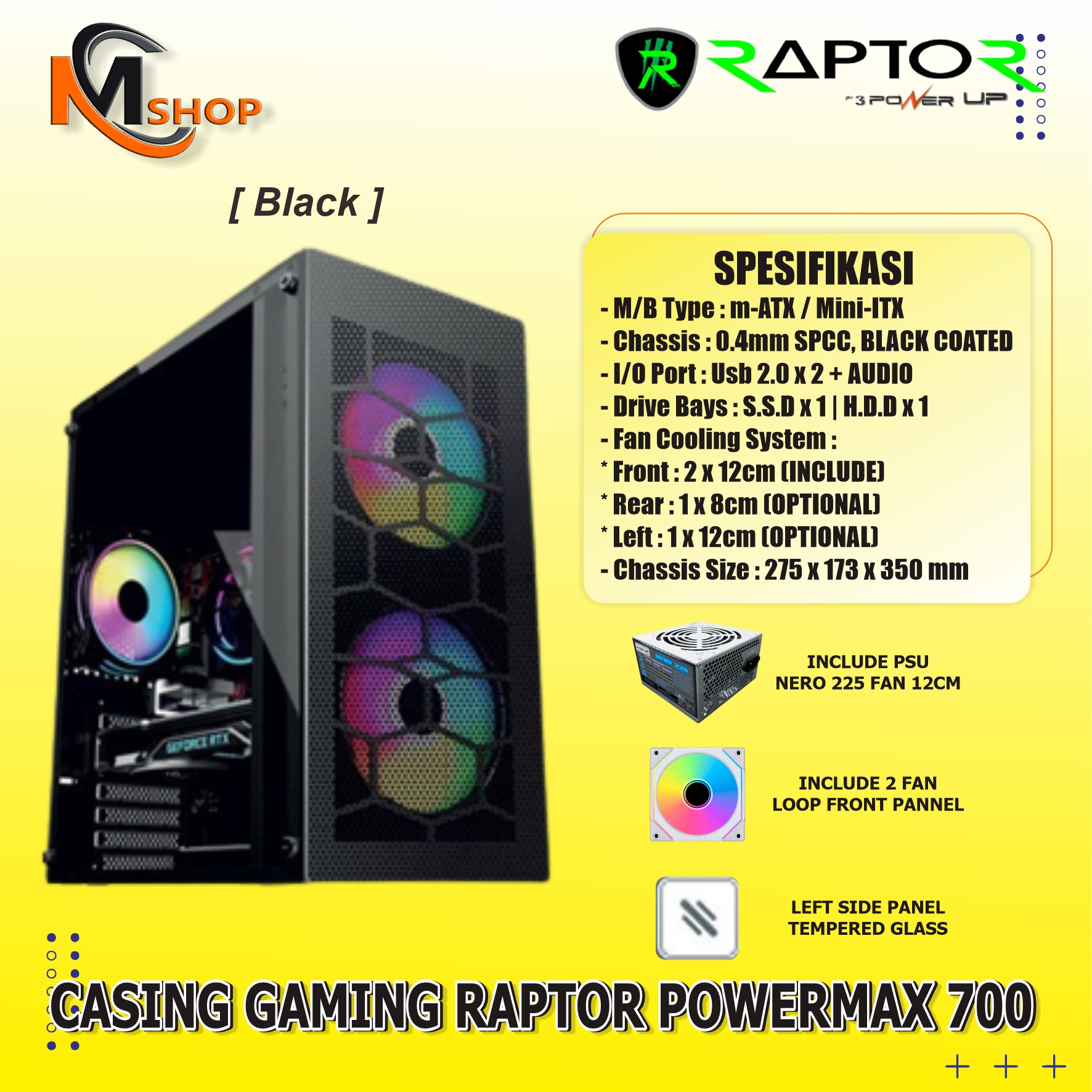 Casing Gaming RAPTOR POWERMAX 700 Include 2 Fan Case RGB PSU 500w ...