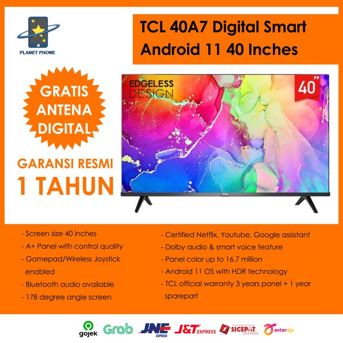TCL SMART TV ANDROID 11 NEW SERIES 40A7 PANEL A 40 INCH GARANSI 