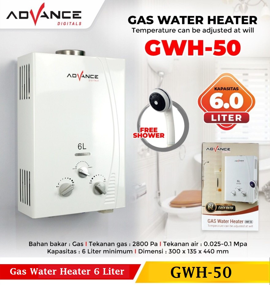 Water Heater Gas Advance GWH-50 Pemanas Air Kapasitas 6 Liter Original Bergaransi Resmi | Lazada ...